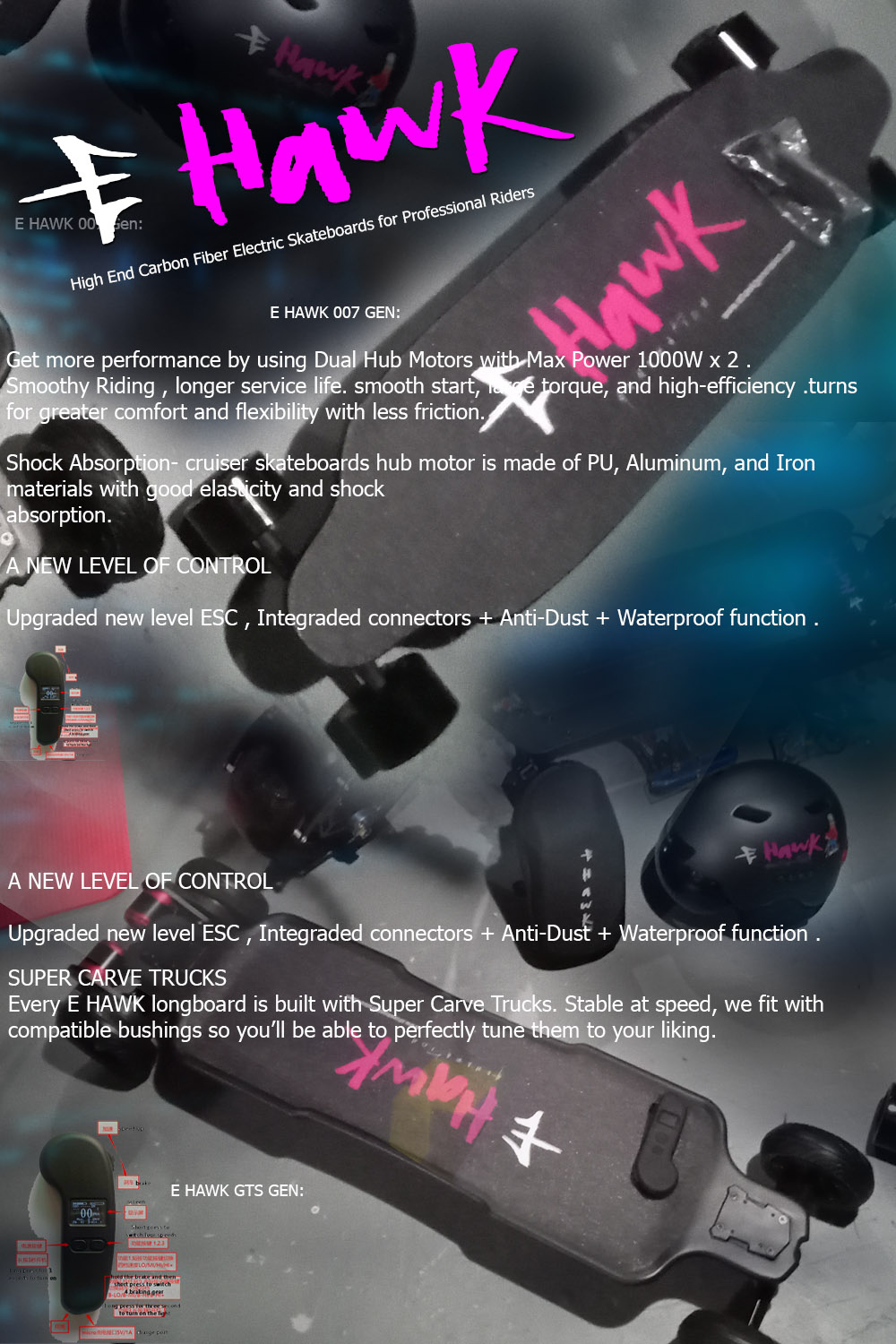 E HAWK High Ennd Carbon Electric Skateboards for Professional Rider